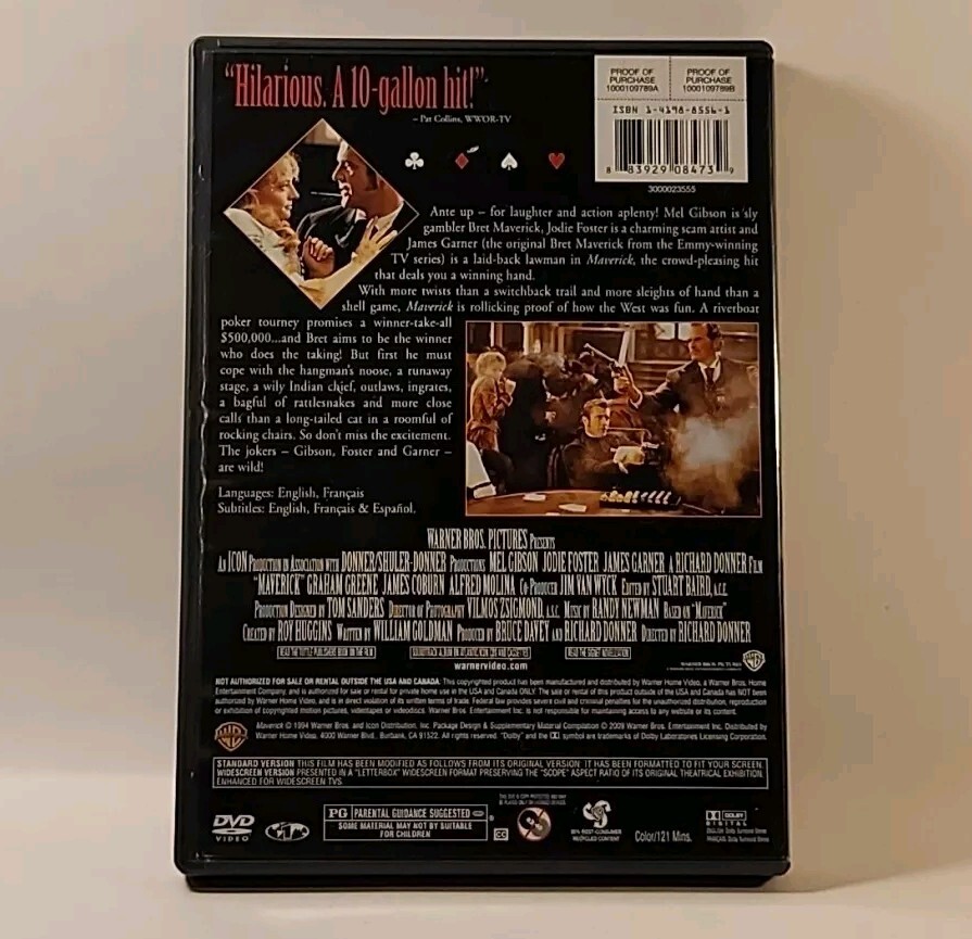 Maverick (DVD, 1994) Mel Gibson Warner Bros USA 883929084739 | eBay