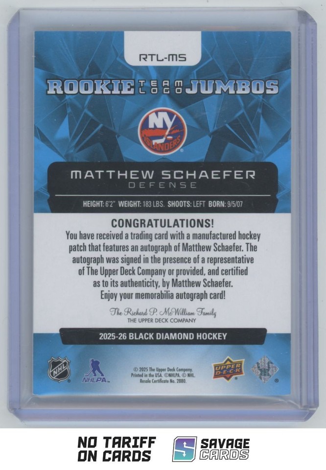 2025-26 UD Black Diamond Team Logo Jumbos Auto Gold Matthew Schaefer RC ...
