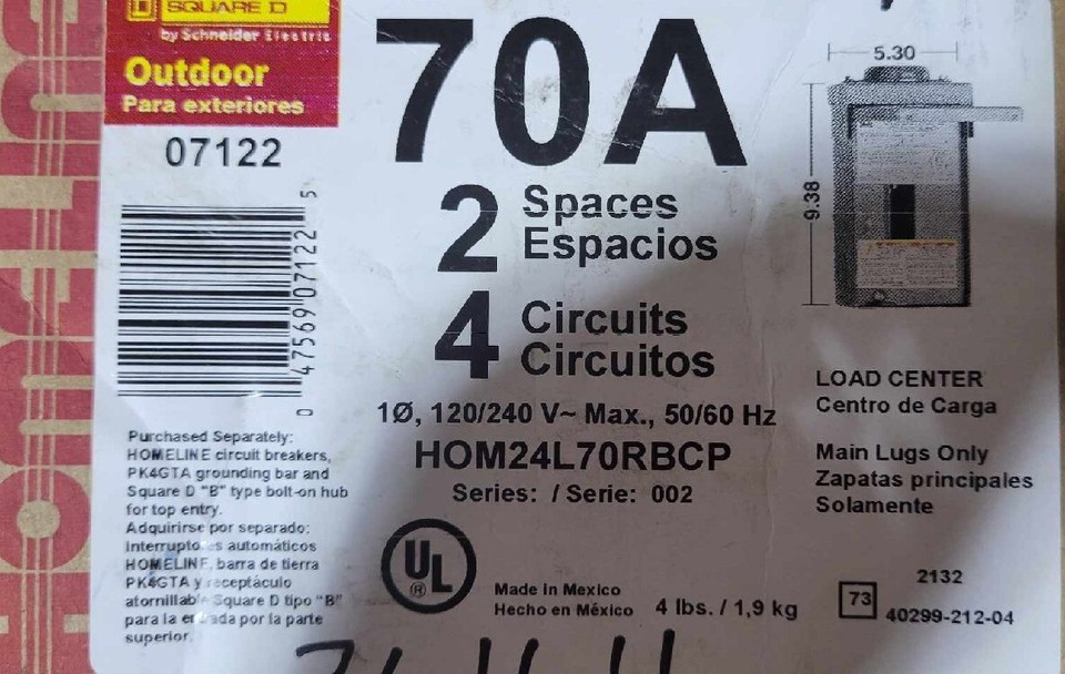 NEW Square D HOM24L70RBCP Steel Gray 70A 3-Wire Outdoor Main Lug Load ...