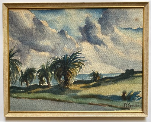Vintage 40s Tropical Coast Palm Trees Caribbean Hawaii Painting Signed ...