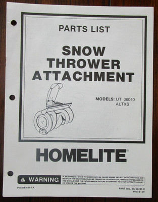 Homelite Models UT 36040 ALTXS Snow Thrower Attachment Parts List FREE ...