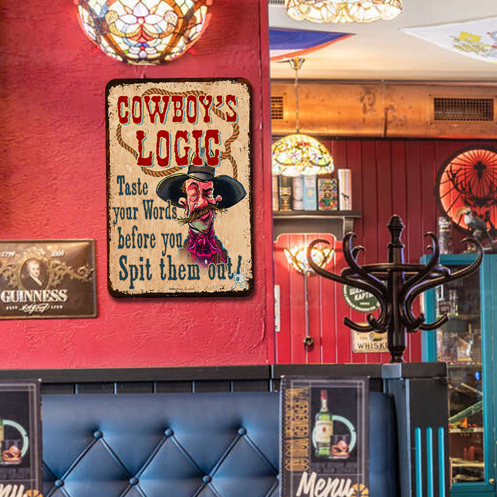 Vintage Metal Plate Cowboy Logic Rectangular Iron Painting Wall Bar Art ...