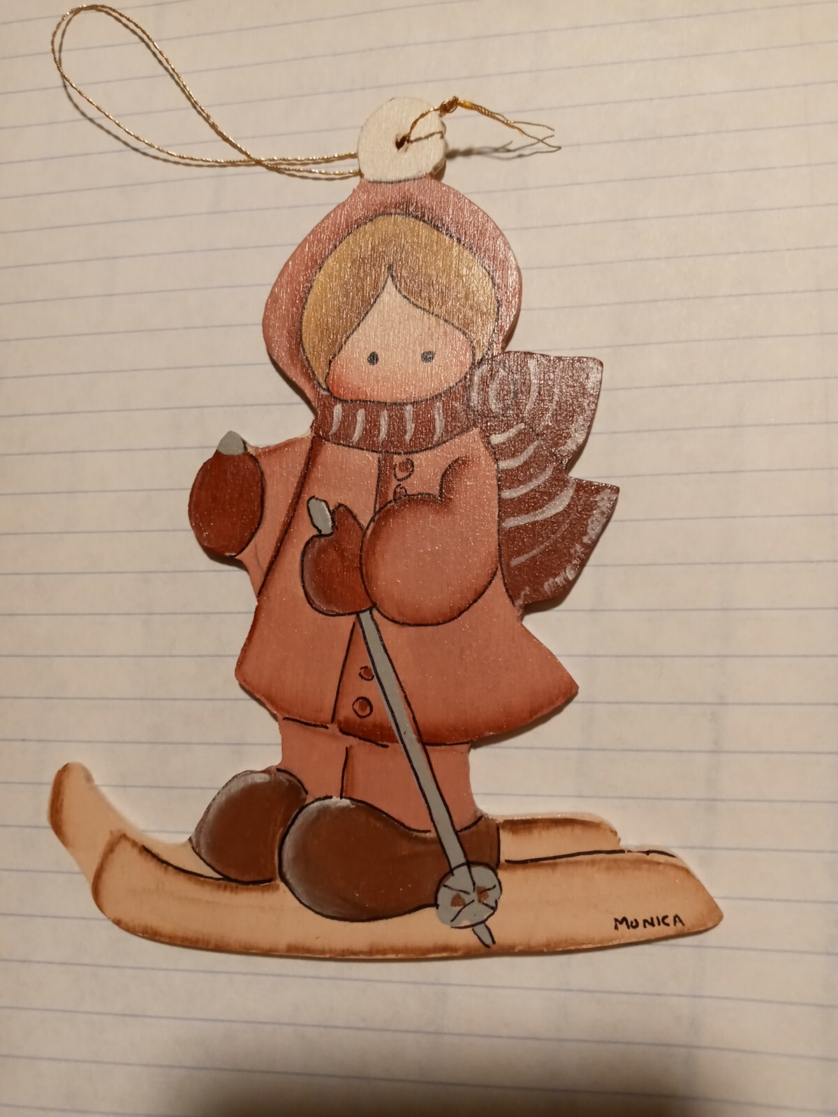 Hand painted signed Monica Christmas tree ornament 5 1/2" girl on skis ...