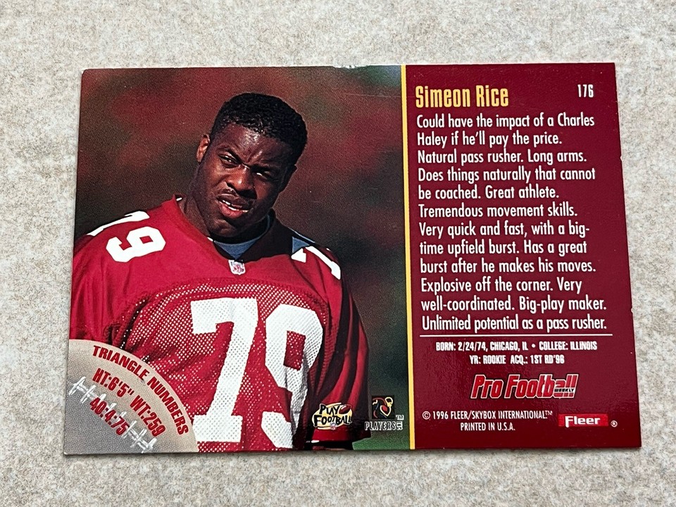 1996 Fleer #176 Simeon Rice RC Rookie NFL Illinois - Tampa Bay ...