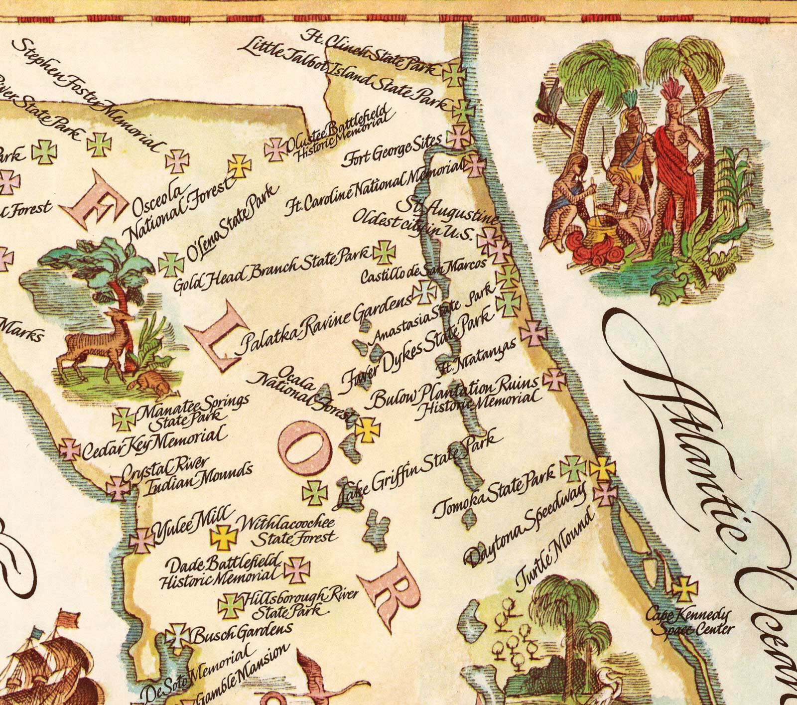 Pictorial Tourist Vacation Treasure Map for Florida Explorers Wall Art ...