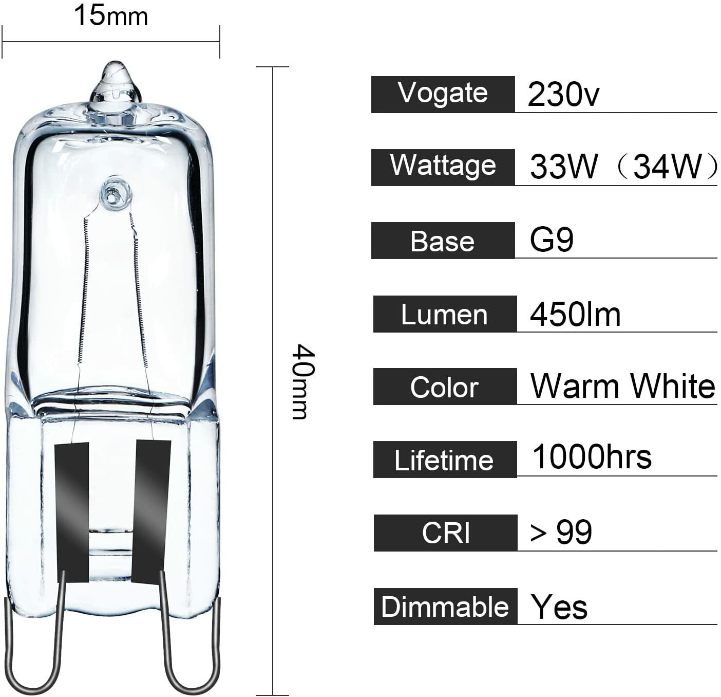 5Pack G9 Halogen Bulbs Comyan 230V 33W (34W) 2800K Warm White 450lm ...
