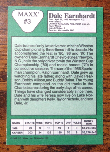 1989 Maxx Dale Earnhardt #3 NMI-MINT FRESH FROM FACTORY SET Rookie Card ...