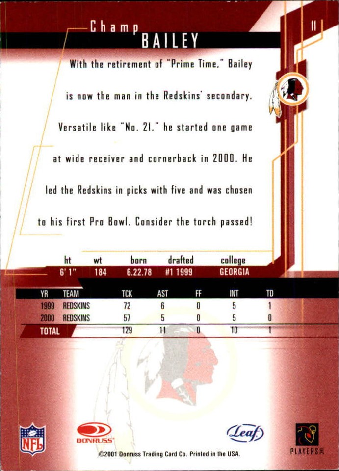 2001 Leaf Rookie and Stars Football Card #11 Champ Bailey | eBay