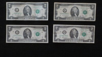 LOT**4 ** $2 DOLLAR BILLS *** DIFFERENT MINTS**2009-13 & 17 SERIES ...