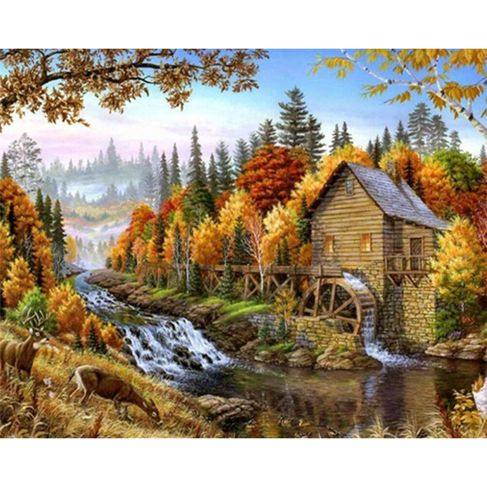3 Strands DIY Full Embroidery Set Autumn Cottage Printed Cross Stitch ...