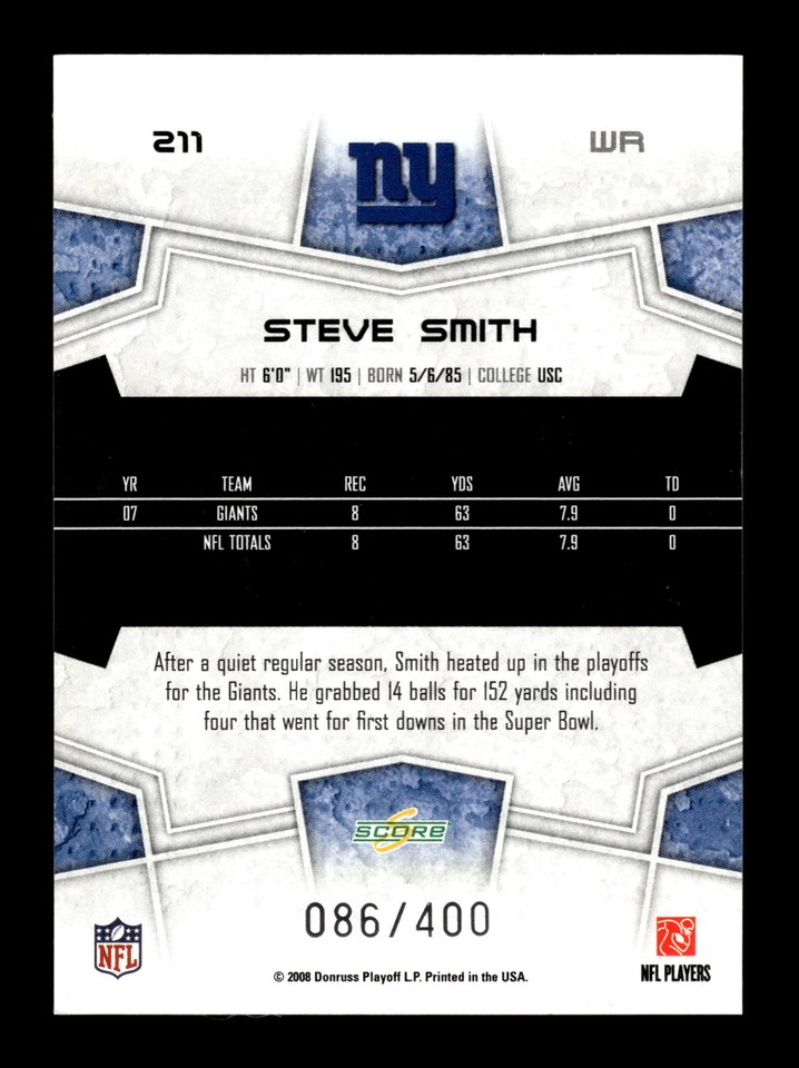 2008 Score #211 Steve Smith Rookie Card RC Gold Zone SP Parallel #/400 ...