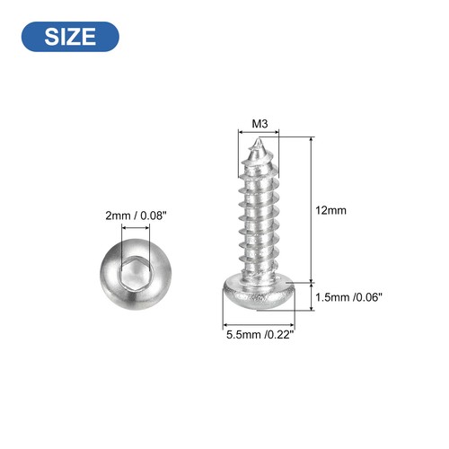 Hex Socket Self Tapping Screws, M3 x 12mm 304 Stainless Steel Wood ...