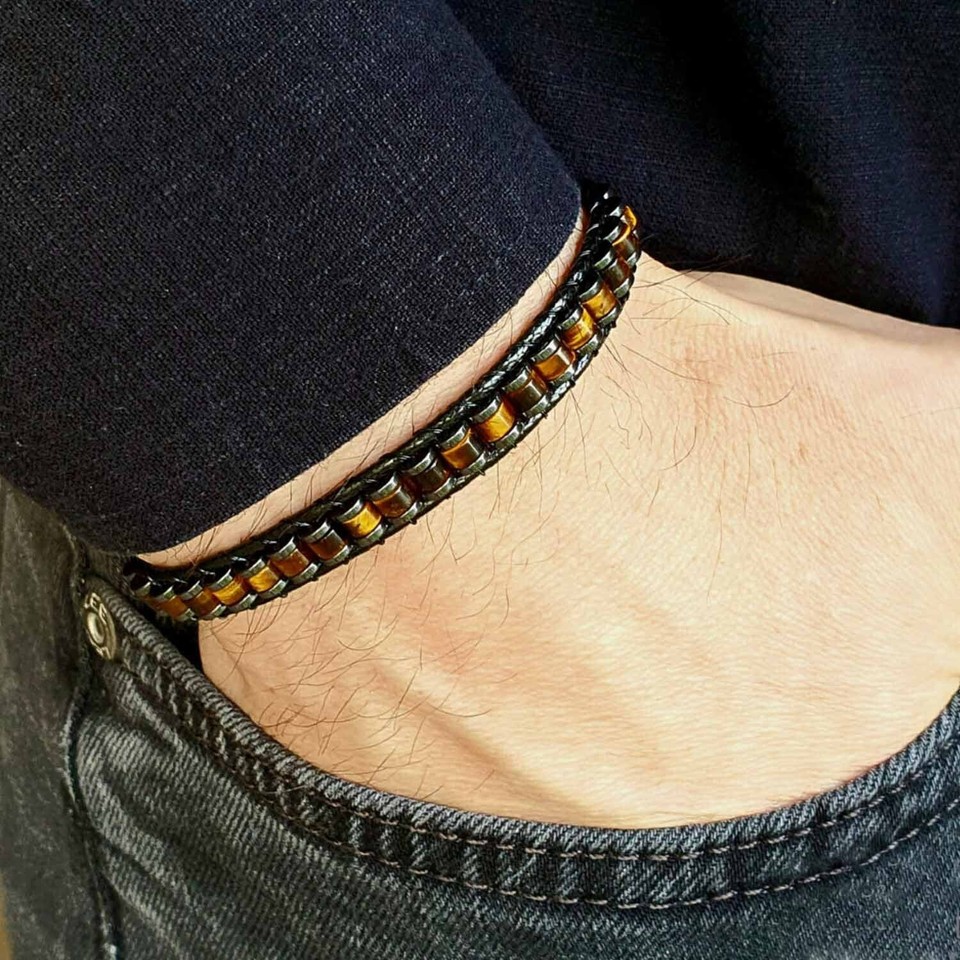 Men's Tiger Eye Hematite Beaded Armlet Bracelet Adjustable Masculine ...