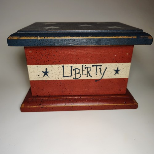 Patriotic Painted Trinket Box Wood LIBERTY Recipe Hinged USA Primitive ...