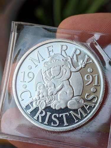 1991 SilverTowne Garfield Merry Christmas Silver Art Coin 1oz Round ...
