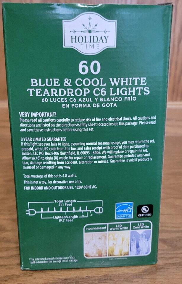 Holiday Time 60 Blue and Cool White Teardrop LED C6 Lights New | eBay