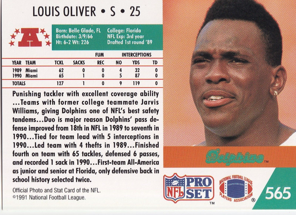 1991 Pro Set #565 Louis Oliver NFL Miami Dolphins + (Yes 4 Free Mystery ...