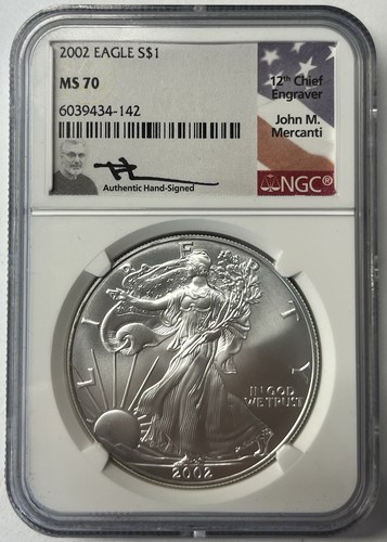 2002 American Silver Eagle, NGC MS70, Mercanti hand signed Low Pop Coin ...