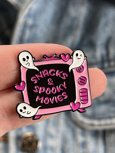 ‘Snacks And Spooky Movies’ Cute Ghosts In Pink Television Enamel Pin | eBay