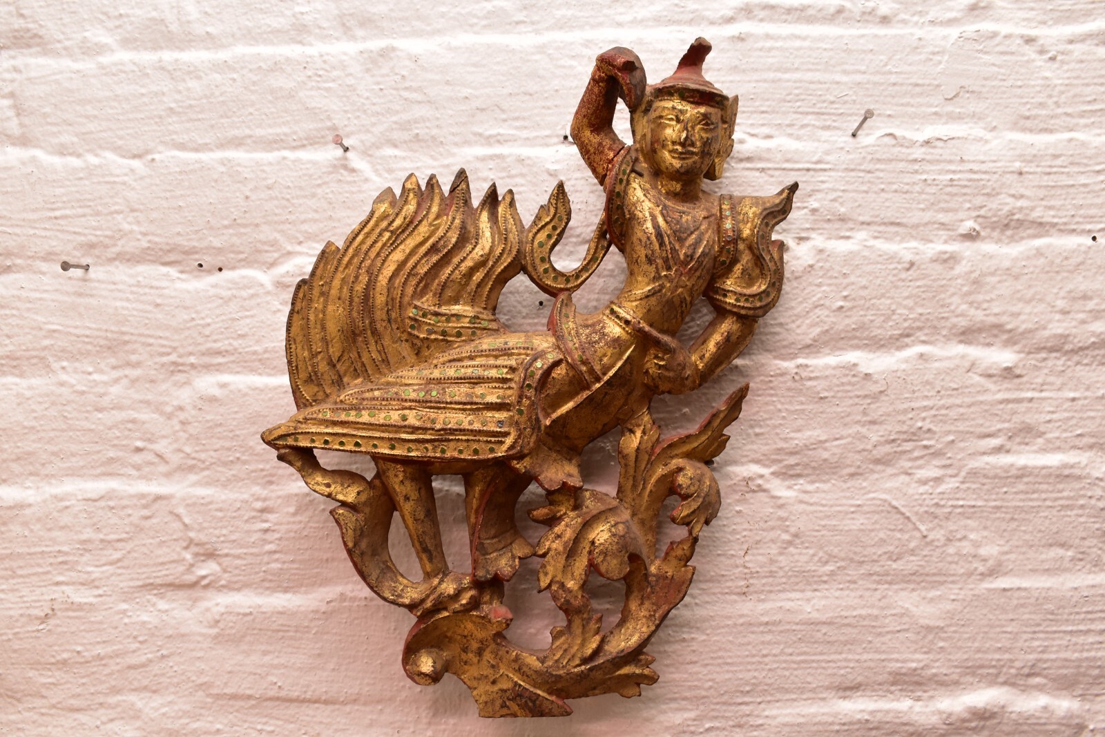 ATQ Burmese Carved Gold Gilded Wood WALL Panel Temple Kinnara God ...