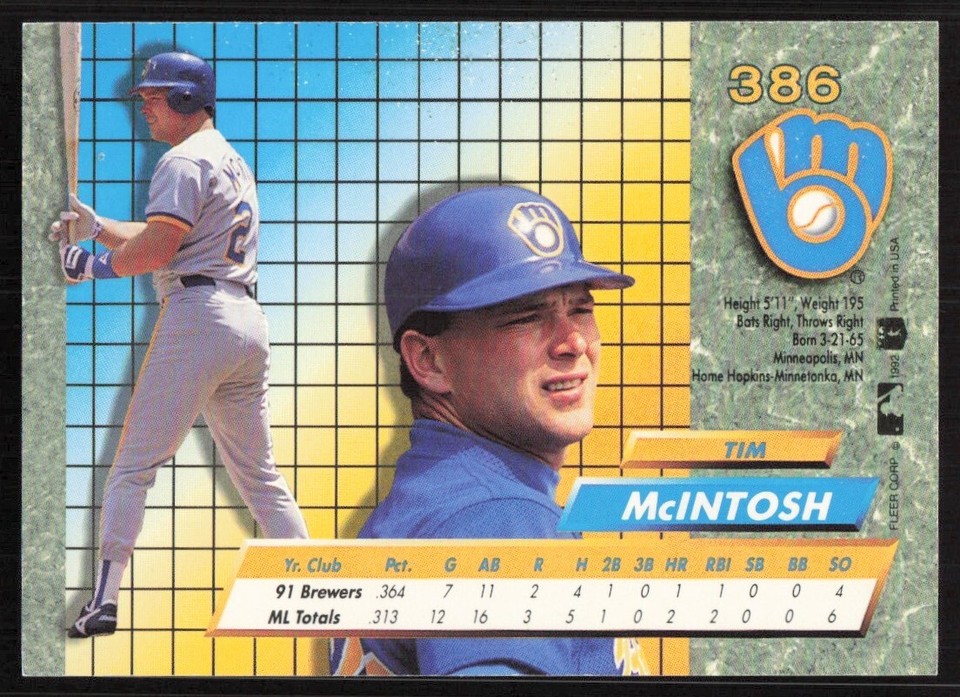 1992 Fleer Ultra Tim McIntosh Auto Milwaukee Brewers #386 Card Signed ...