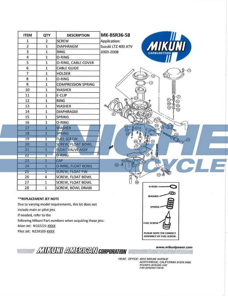 Genuine Mikuni OEM Carburetor Rebuild Kit for Suzuki LTZ 400 MK-BSR36 ...
