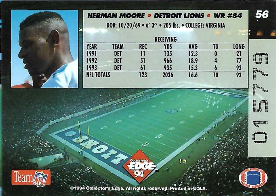 1994 Collector's Edge Pop Warner 22K Herman Moore - Lions | eBay
