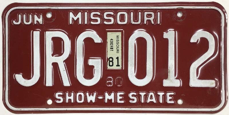Missouri 1980 1981 Maroon Show Me State License Plate JRG 012 in Nice ...