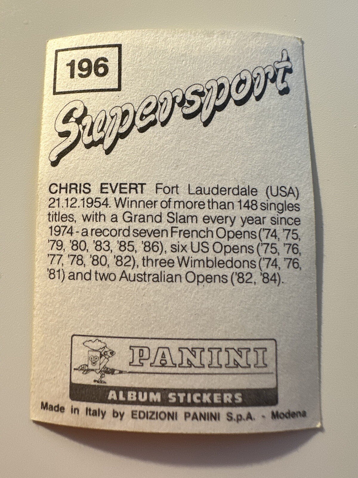Rare Panini Supersport 1987 Sticker Chris Evert Tennis Legend No 196 ...