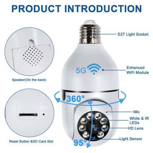 Panorama Screw in Light Bulb Security Camera Outdoor 2.4G/5G WiFi 1080P ...
