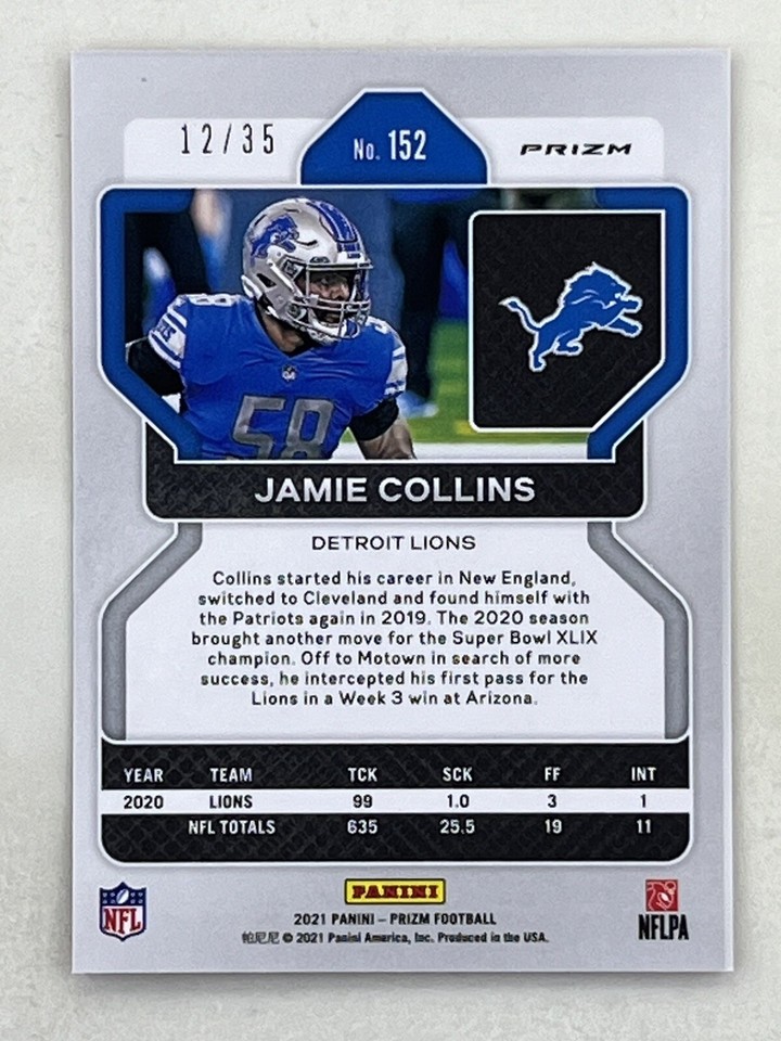 Jamie Collins 2021 Panini Prizm Red Shimmer Prizm /35 #152 NFL Detroit ...