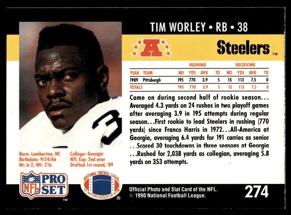 1990 NFL PRO SET TIM WORLEY PITTSBURGH STEELERS #274 | eBay