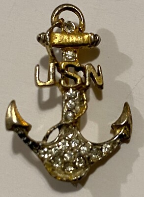 Vintage USN US Navy Anchor Sterling Silver Rhinestone Brooch Pin Gold ...