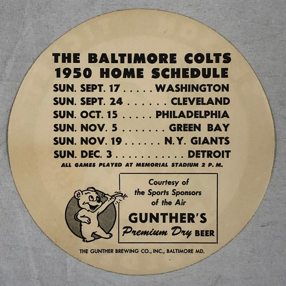 1950 Gunther Beer Baltimore Colts Football NFL Schedule Decal 1st Year ...