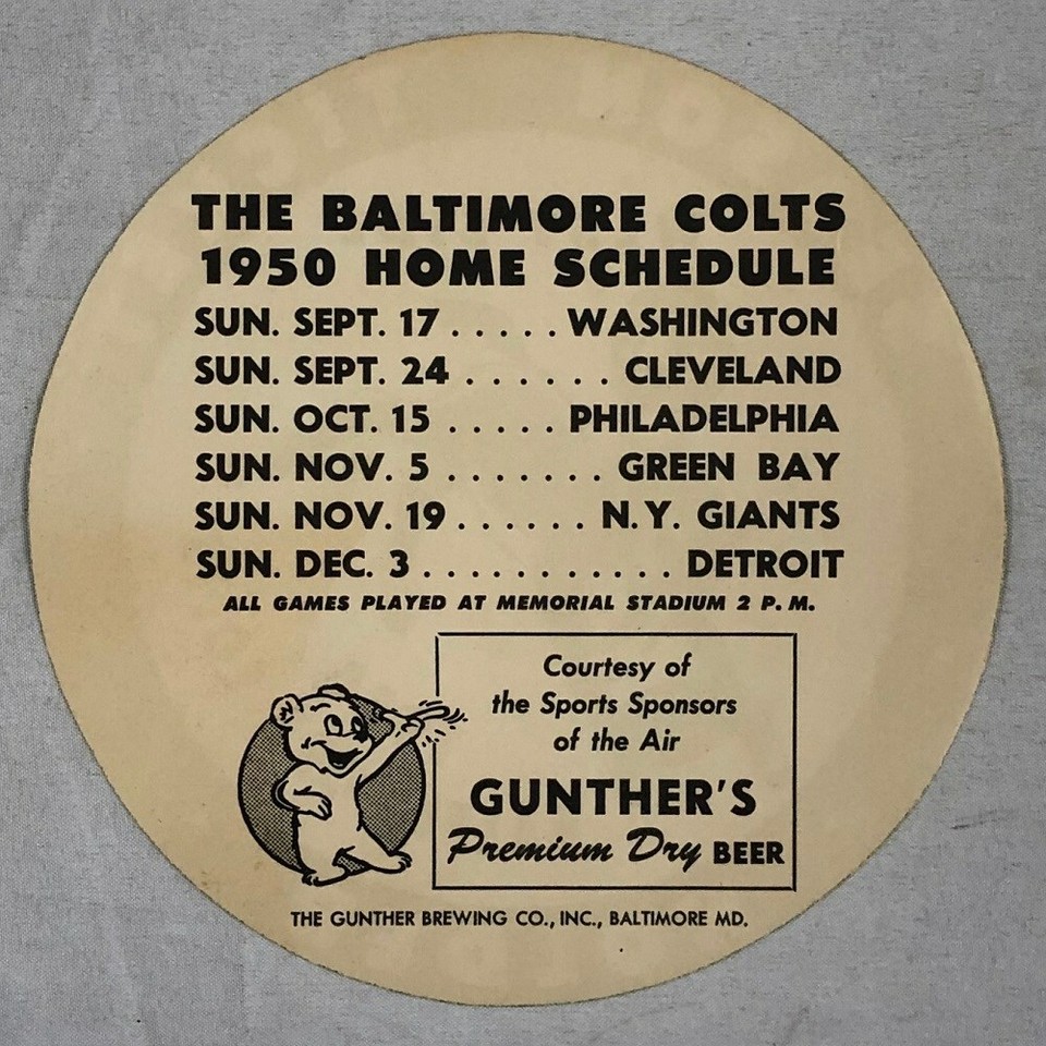 1950 Gunther Beer Baltimore Colts Football NFL Schedule Decal 1st Year ...