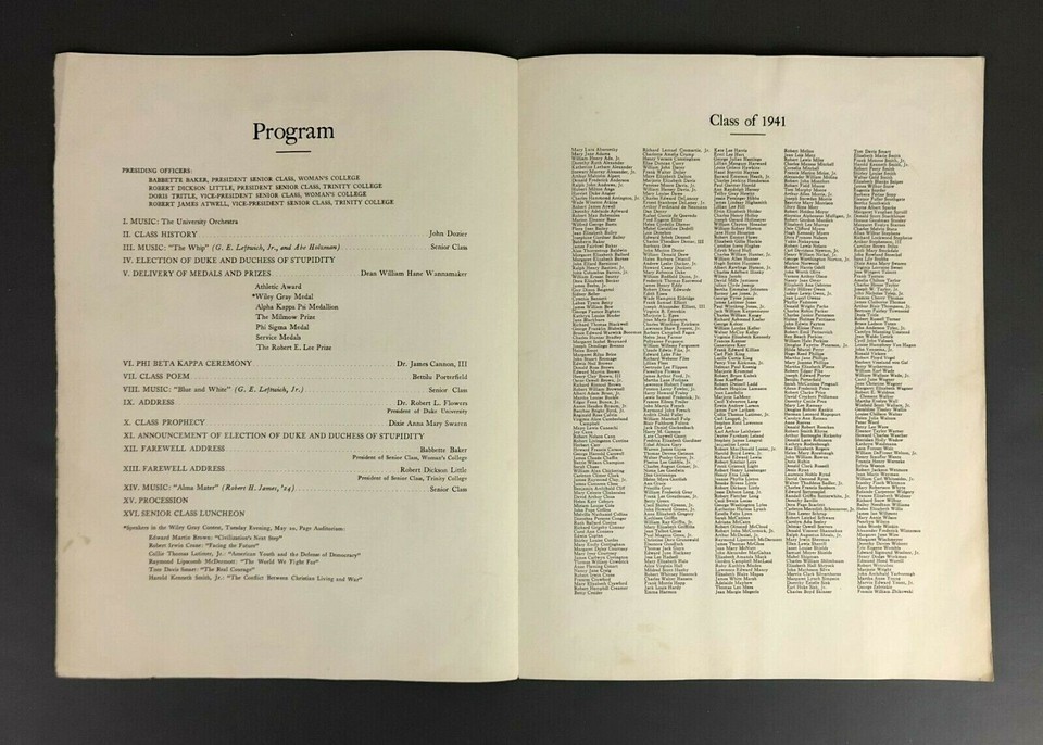 1941 Duke University Senior Class Day Exercises Program Student List ...