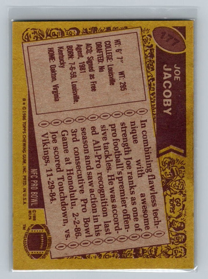 1986 Topps Joe Jacoby #177 Football Washington Redskins | eBay