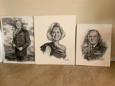 3 Signed George Pollard Portraits 24 x 20 & 20 x 16 Original Drawings ...