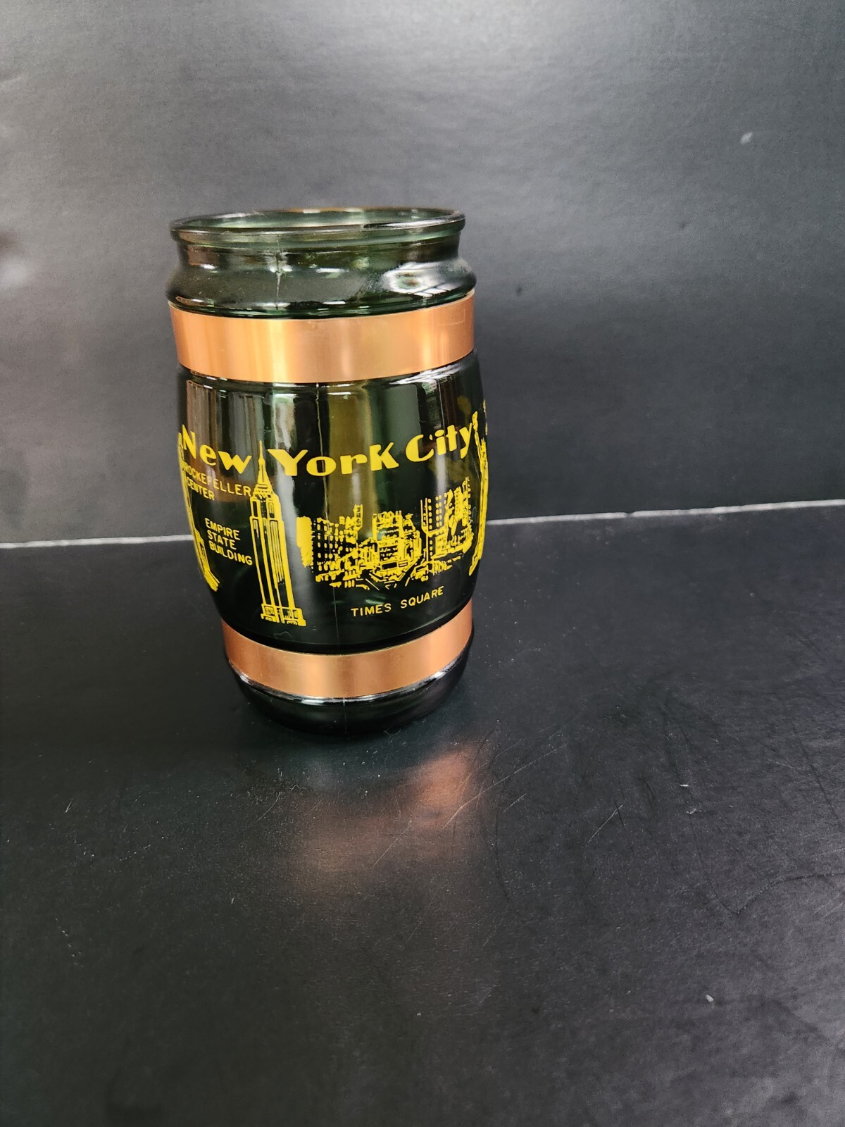 Siesta Ware Mug New York City Souvenir Green Glass Wood Handled Copper ...