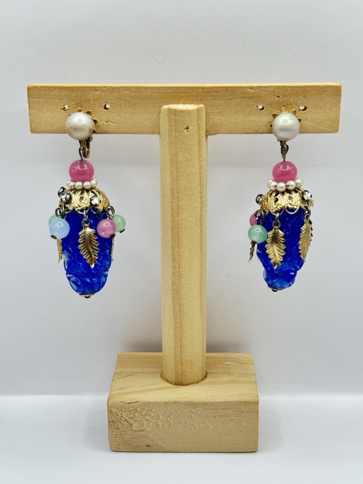 Vintage Miriam Haskell Style Blue Art Glass &Beads Pearl Dangle clip on Earring | eBay