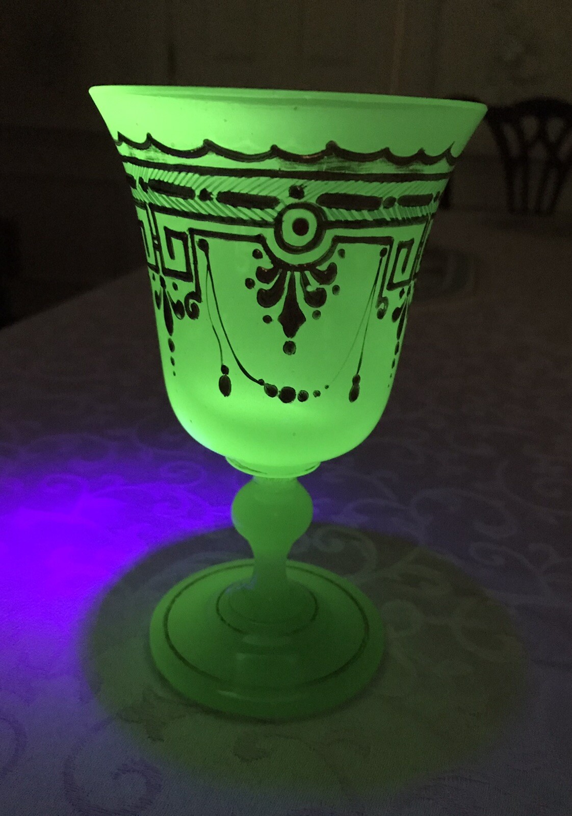 Antique Opalene Green Uranium Glass Goblet Chalice Gold Gilded Enameled ...