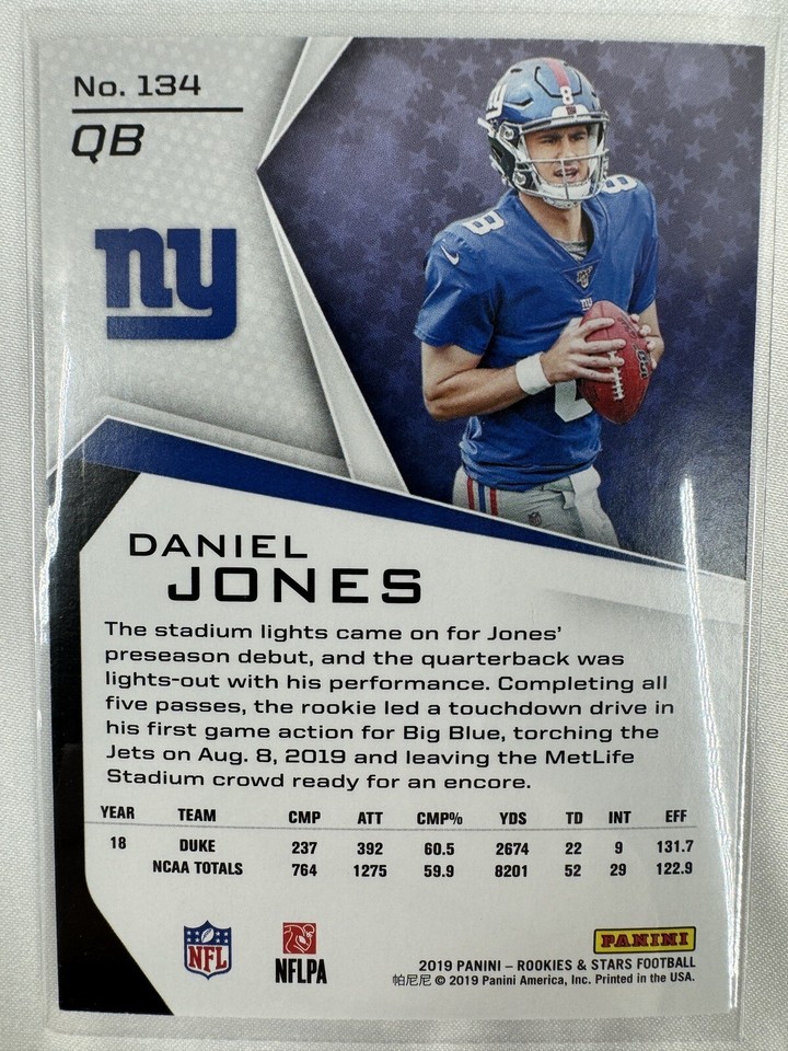 2019 Rookies and Stars #134 Daniel Jones RC Rookie New York Giants RC ...