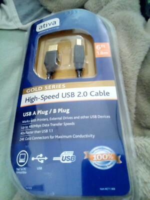 Ativa 16ft 4.9m Gold Series High Speed USB 2.0 Cable A & B Plug ...