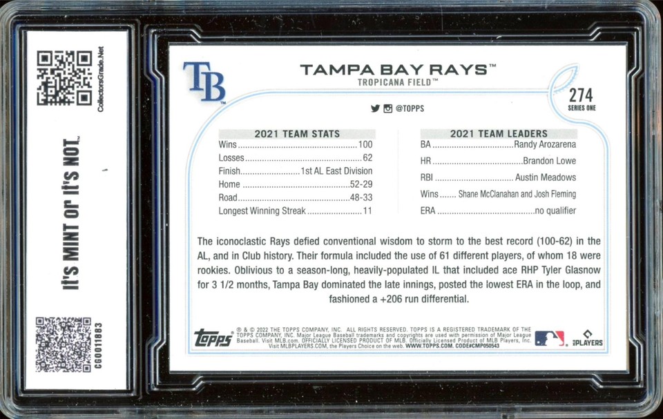 2022 Topps #274 Tampa Bay Rays ~ ROOKIE ~ Wander Franco ~ GRADED CG 10 ...