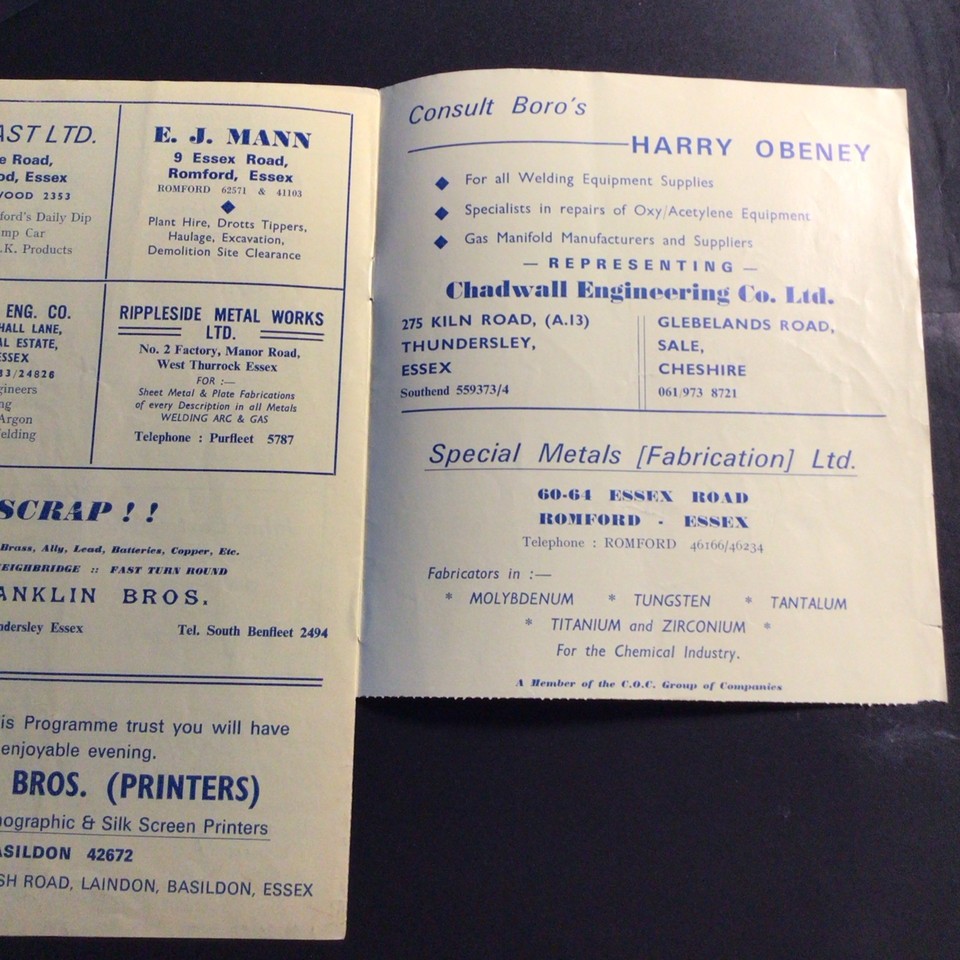 Programme Romford v West Ham United Harry Obeney Testimonial October ...