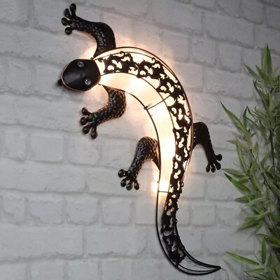 Solar Powered Gecko Lizard Metal Wall Art Bright LED Light Garden ...