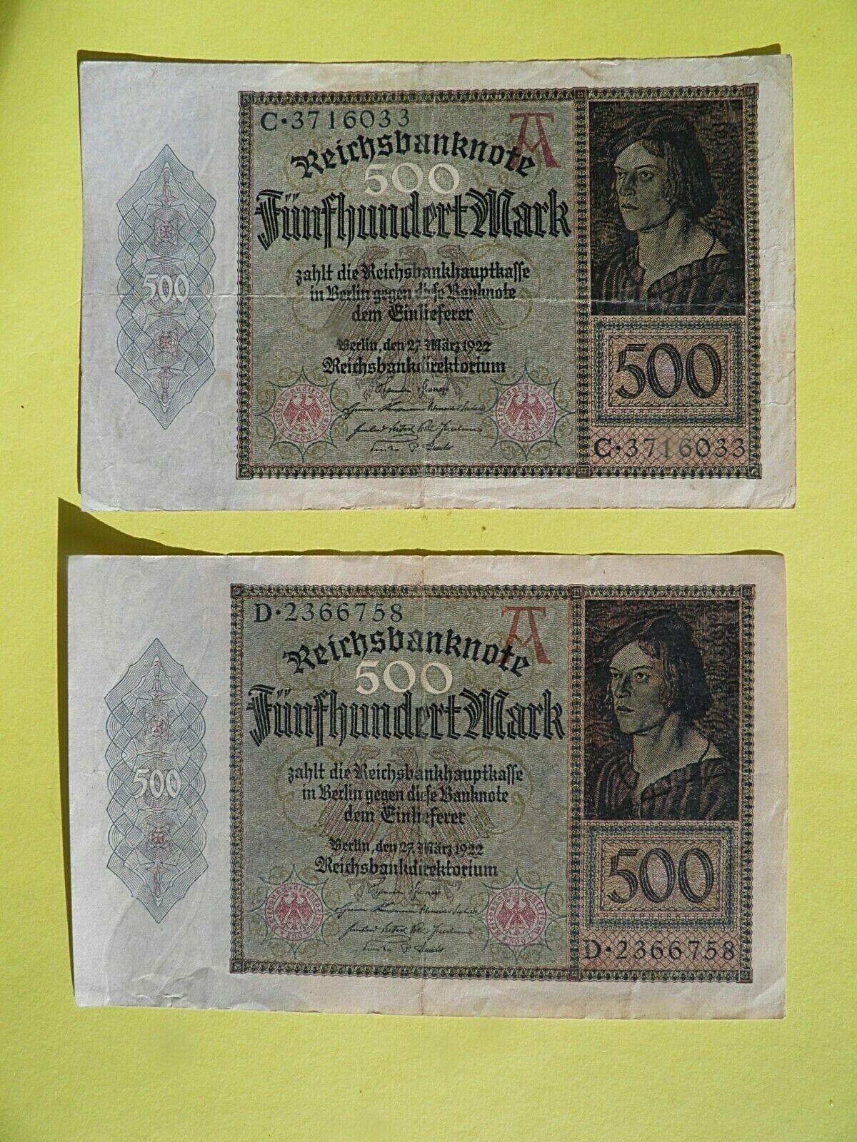2 Alte Geldscheine Fünfhundert Mark Reichsbanknote 1922 Inflation | eBay