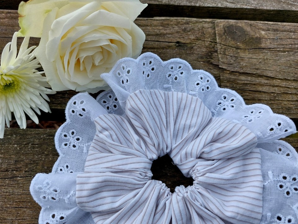 Handmade White Stripy Scrunchie with Lace, Large White Frilly Scrunchie ...