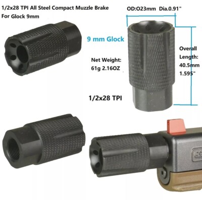 Steel 1/2X28 TPI Compact Low Concussion Muzzle Brake For Glock 9MM | eBay