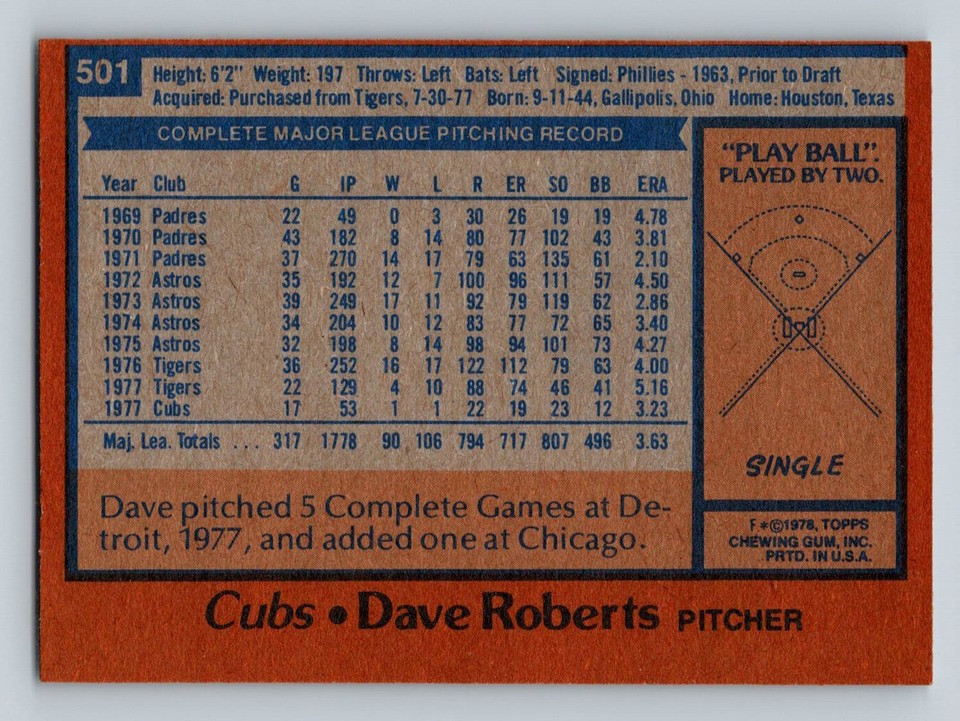 1978 Topps #501 Dave Roberts Chicago Cubs -NM | eBay
